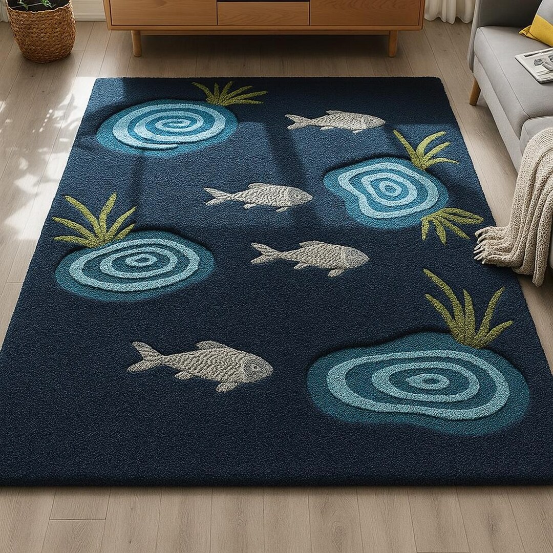 Blue Fish Design Hand Tufted Botanical Textured Wool Area Rugs for ...