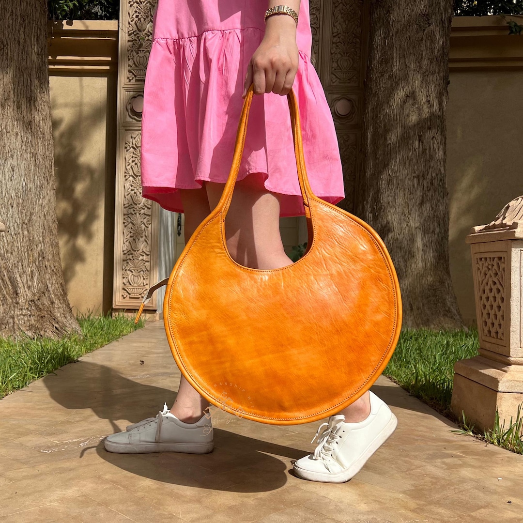 Personalized Soft Large Round Leather Shoulder Bag | Moroccan Oversize ...