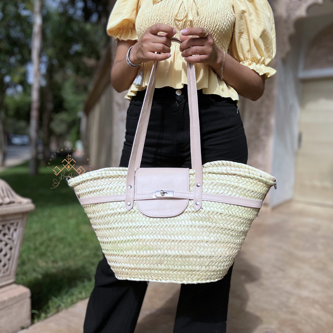 Personalized Handmade Straw French Baskets With Leather Straps, Straw ...