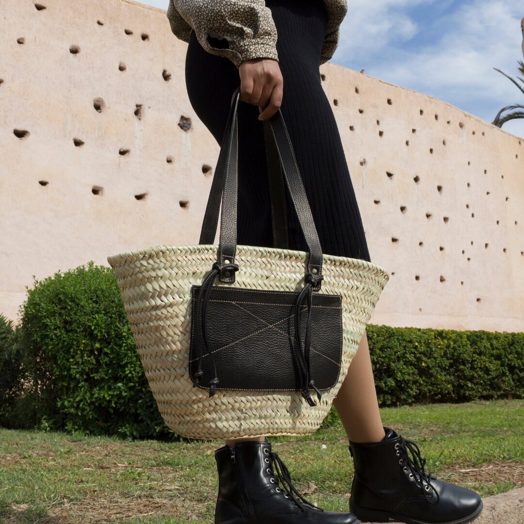 Moroccan Palm Leaves Basket With Leather Straps, Straw Basket Bag With ...
