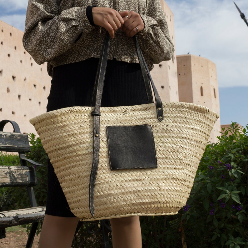 Handmade Large Straw French Baskets With Leather Straps, Straw Basket ...