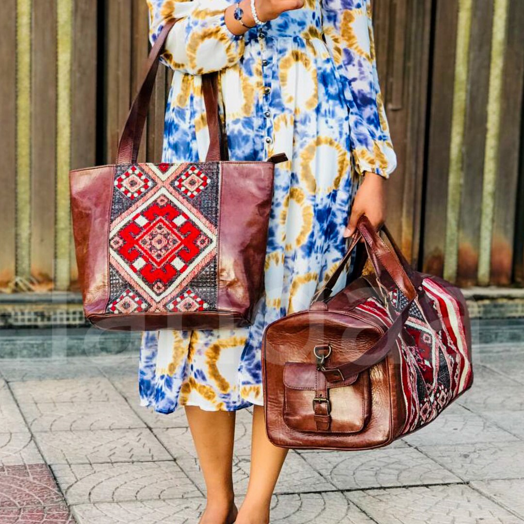 Boho Weekender Kilim Travel Bag, Carpet Leather Weekend Bag, Extra ...