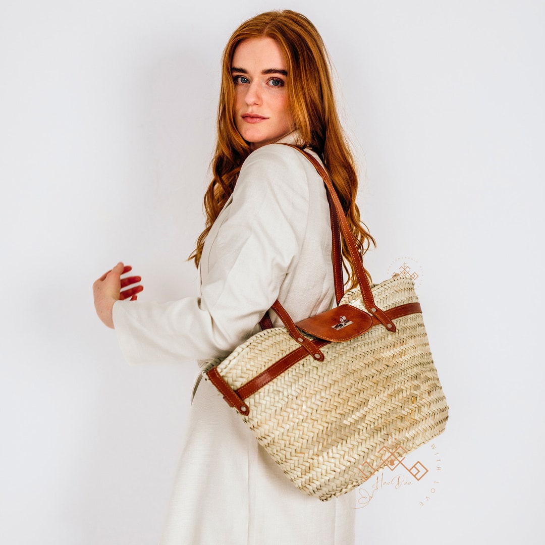 Handmade Large Straw French Baskets With Leather Straps, Straw Basket ...