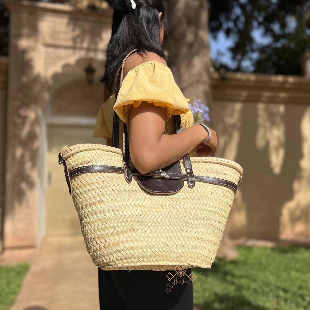 Handcrafted Straw French Baskets With Leather Straps, Straw Basket Bag ...