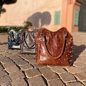 Polka Dot Studded Leather Tote Bag, Studded Leather Handbag, Luxurious ...