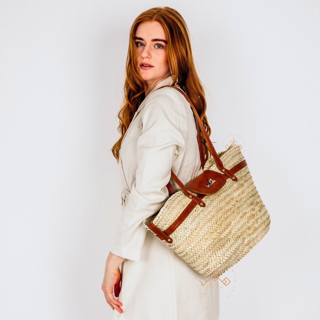 Handmade French Straw Beach Basket Tote With Leather Straps & Brown ...
