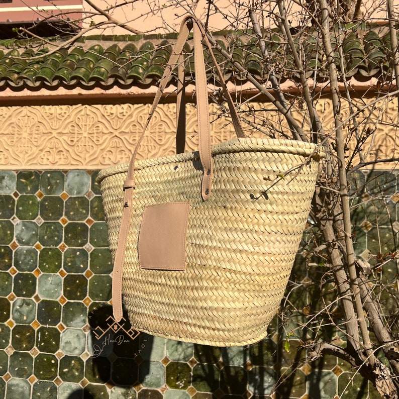 Handmade Large Straw French Baskets With Leather Straps, Straw Basket ...