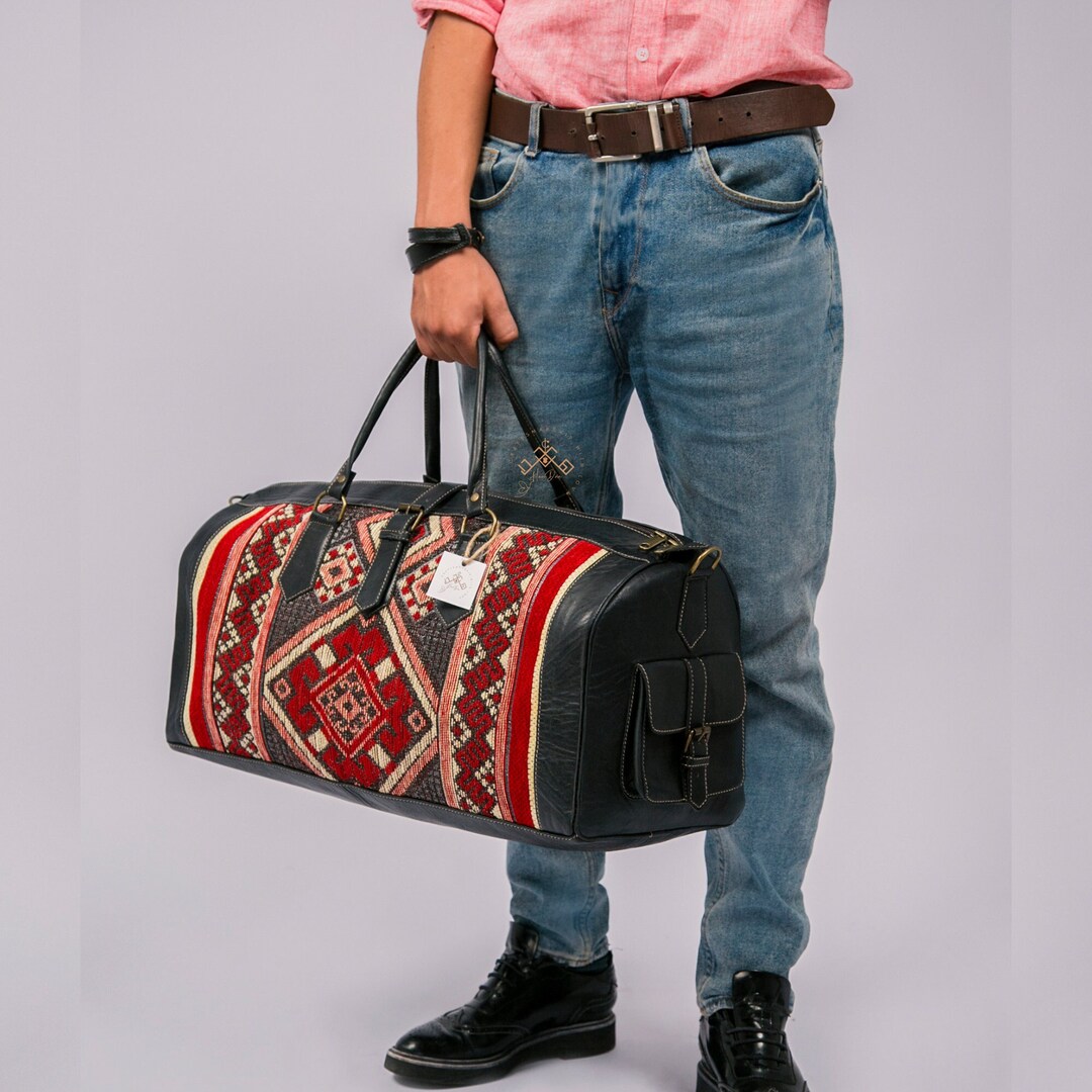 Boho Kilim Leather Travel Bag - Vintage Carpet Weekender, Unisex ...