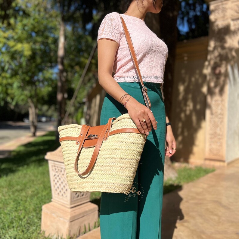 Handmade Large Straw French Baskets With Leather Straps, Straw Basket ...