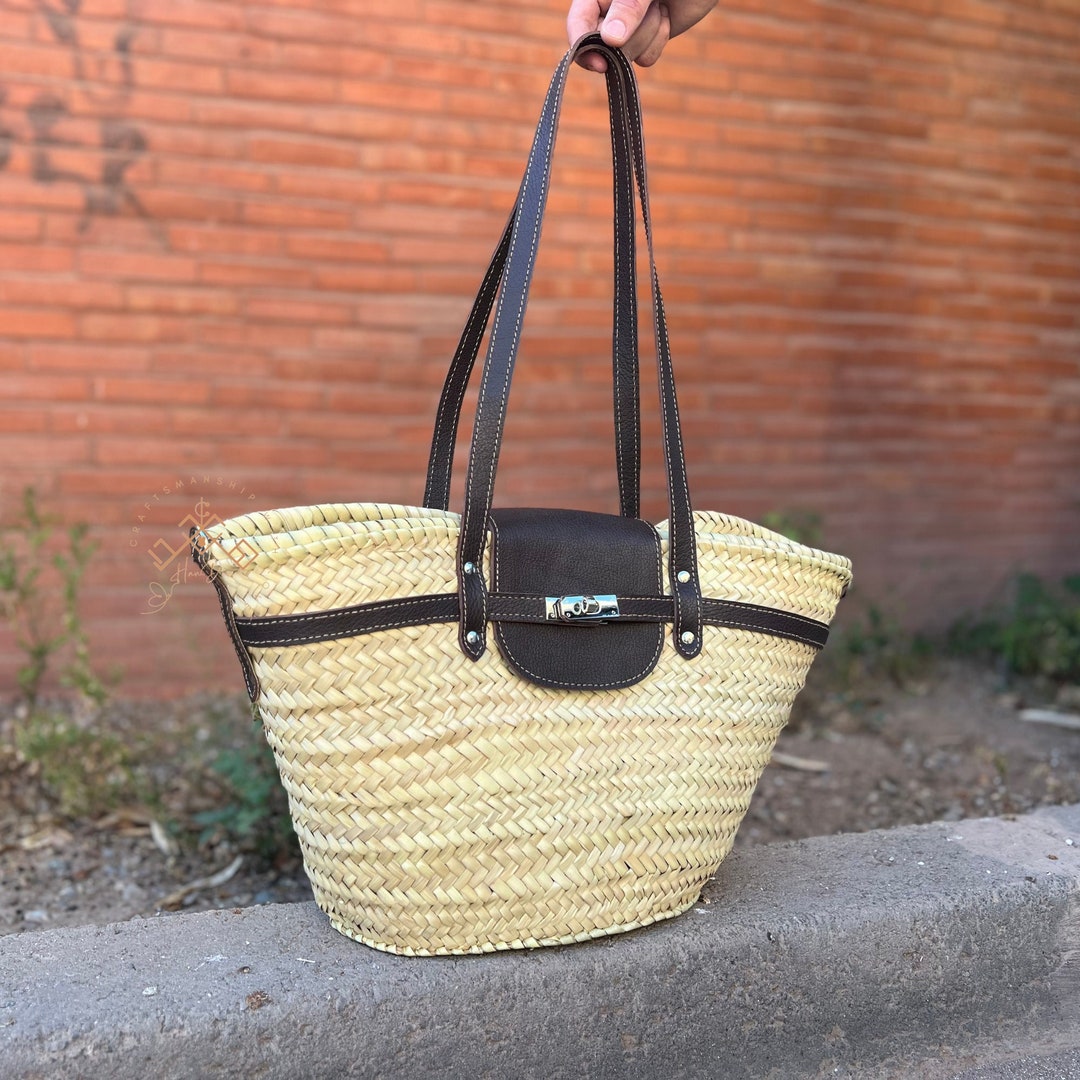 Handmade Large Straw French Baskets With Leather Straps, Straw Basket ...