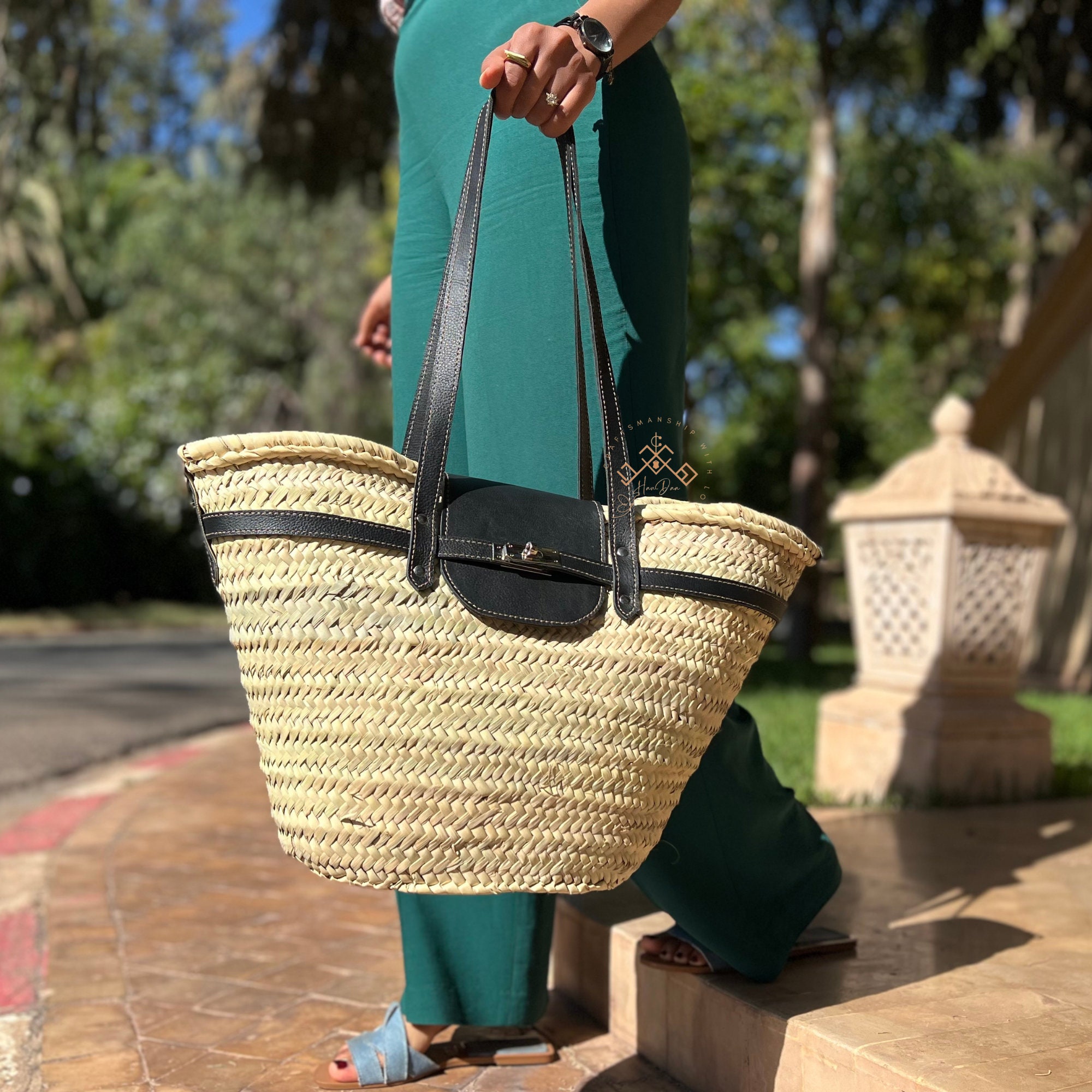 Handmade Large Straw French Baskets With Leather Straps, Straw Basket ...