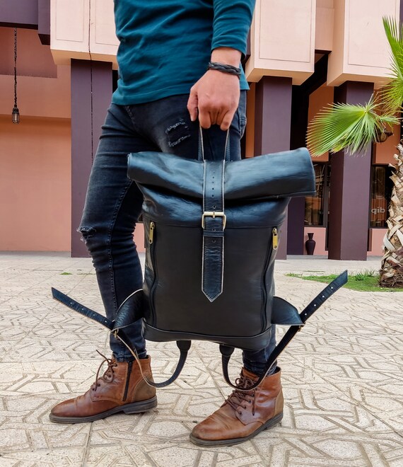 Personalised Roll Top Leather Backpack / Leather Hiking - Etsy