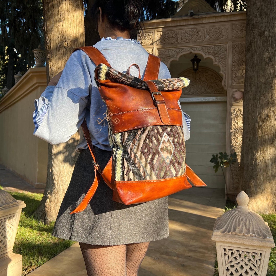 Personalized Kilim Handcrafted Brown Leather Backpack, Bohemian Leather ...