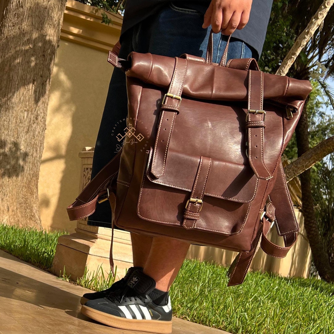 Dark Brown Roll Top Leather Backpack, Black Vegan Leather Backpack With Roll-top Closure ...