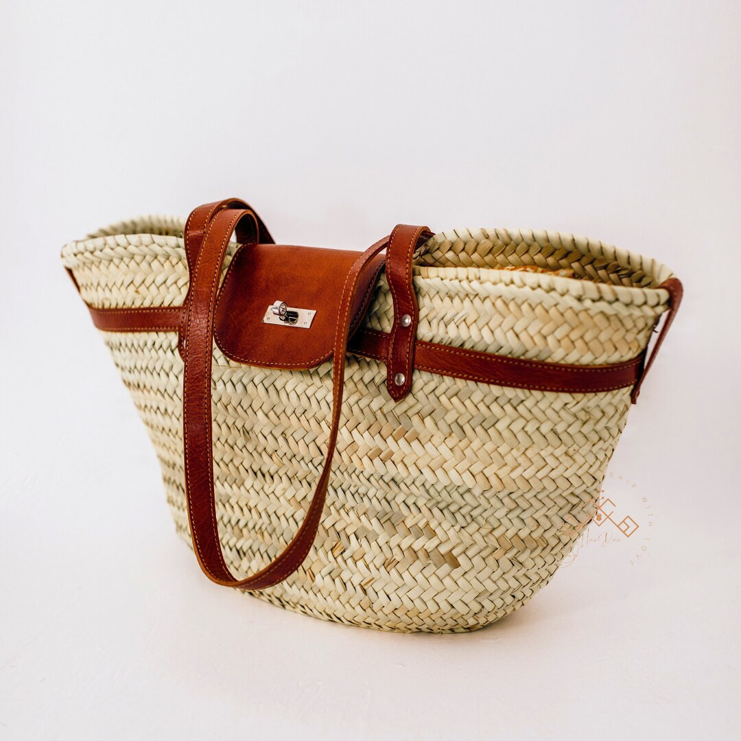 French Straw Beach Basket With Leather Straps Handmade Woven Palm ...