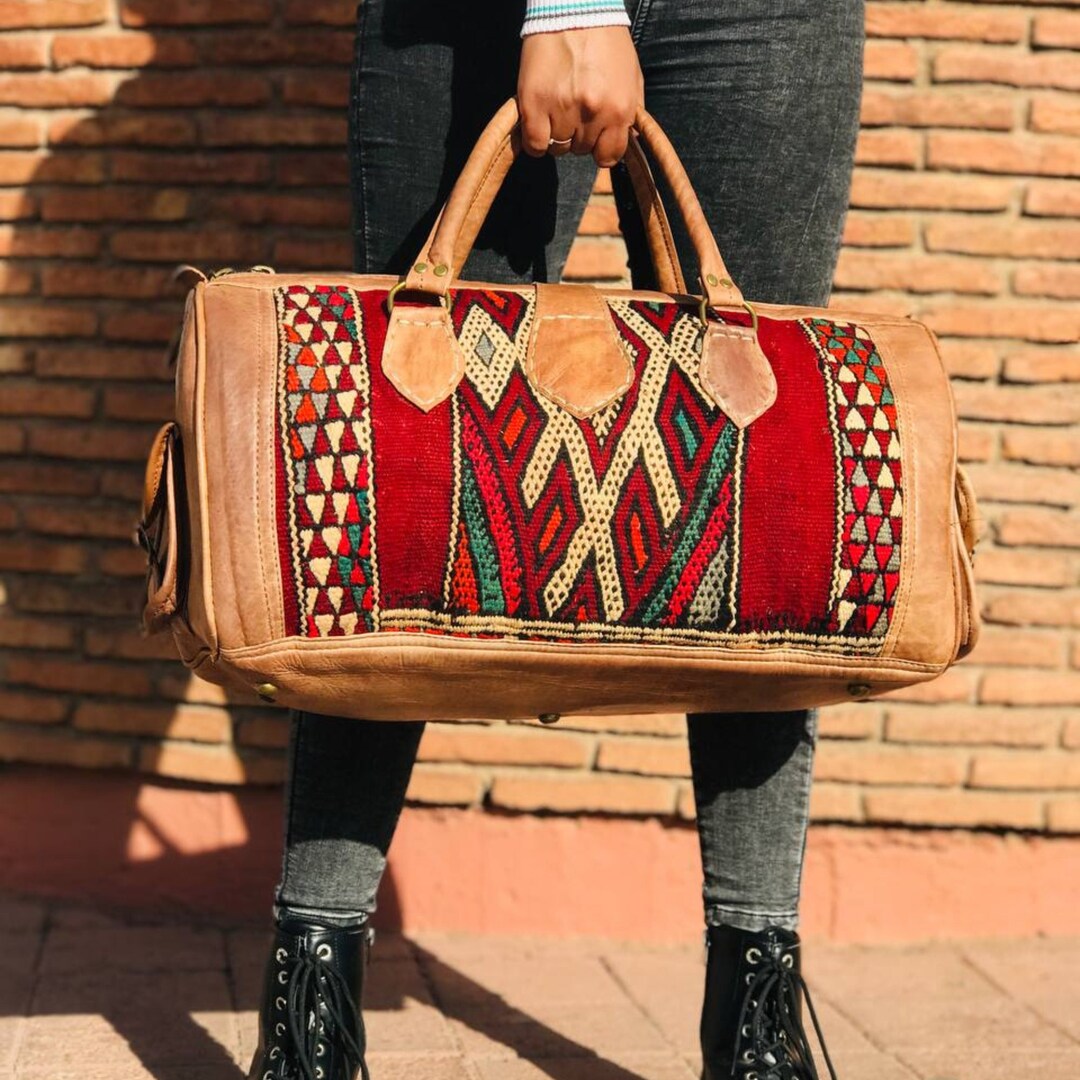 Kilim Weekender Bag, Carpet Leather Weekend Duffel Bag for Women & Men ...