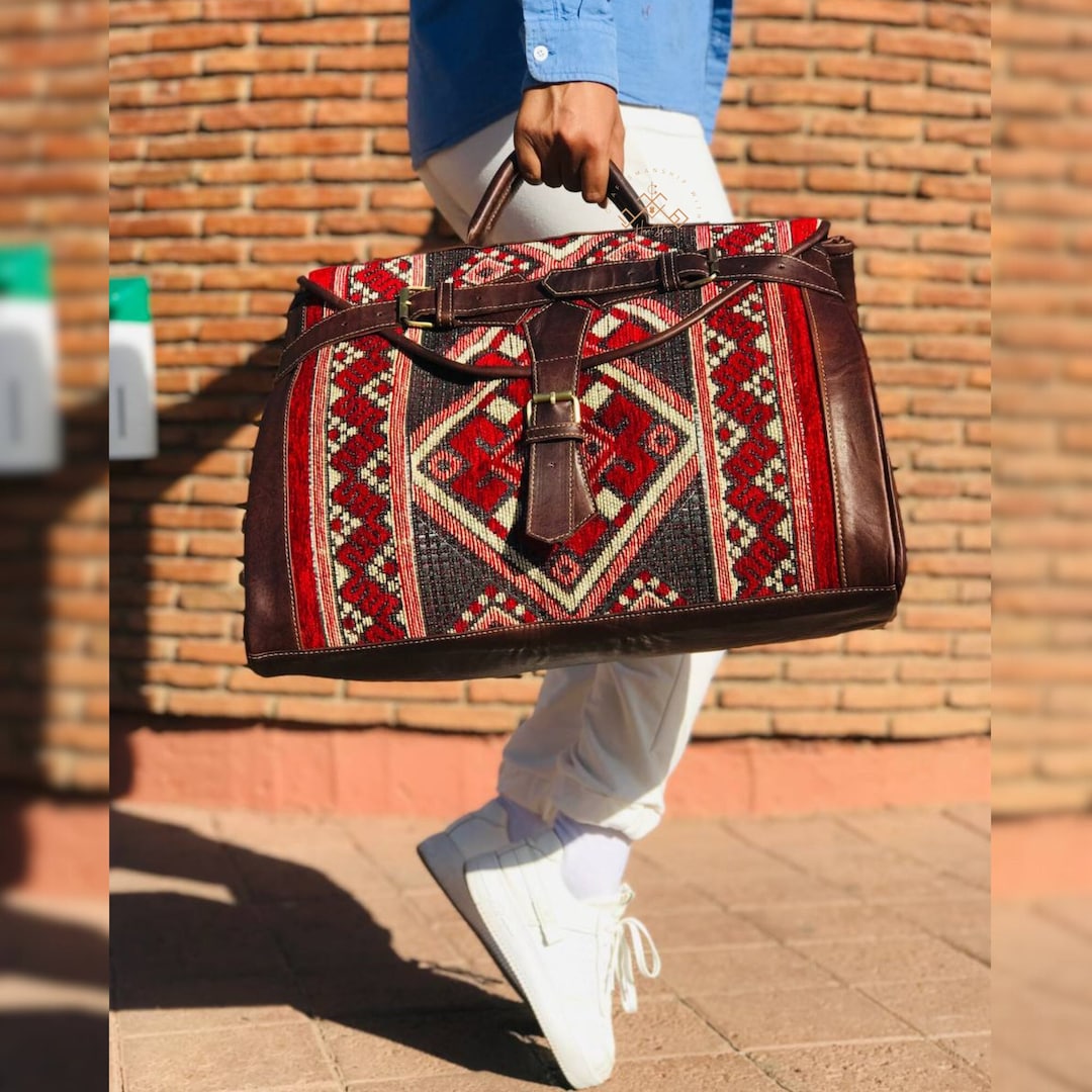 Personalized Kilim Travel Bag, Carpet Leather Weekend Bag, Briefcase ...