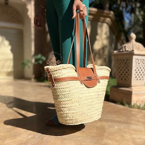 Handmade Large Straw French Baskets With Leather Straps, Straw Basket ...