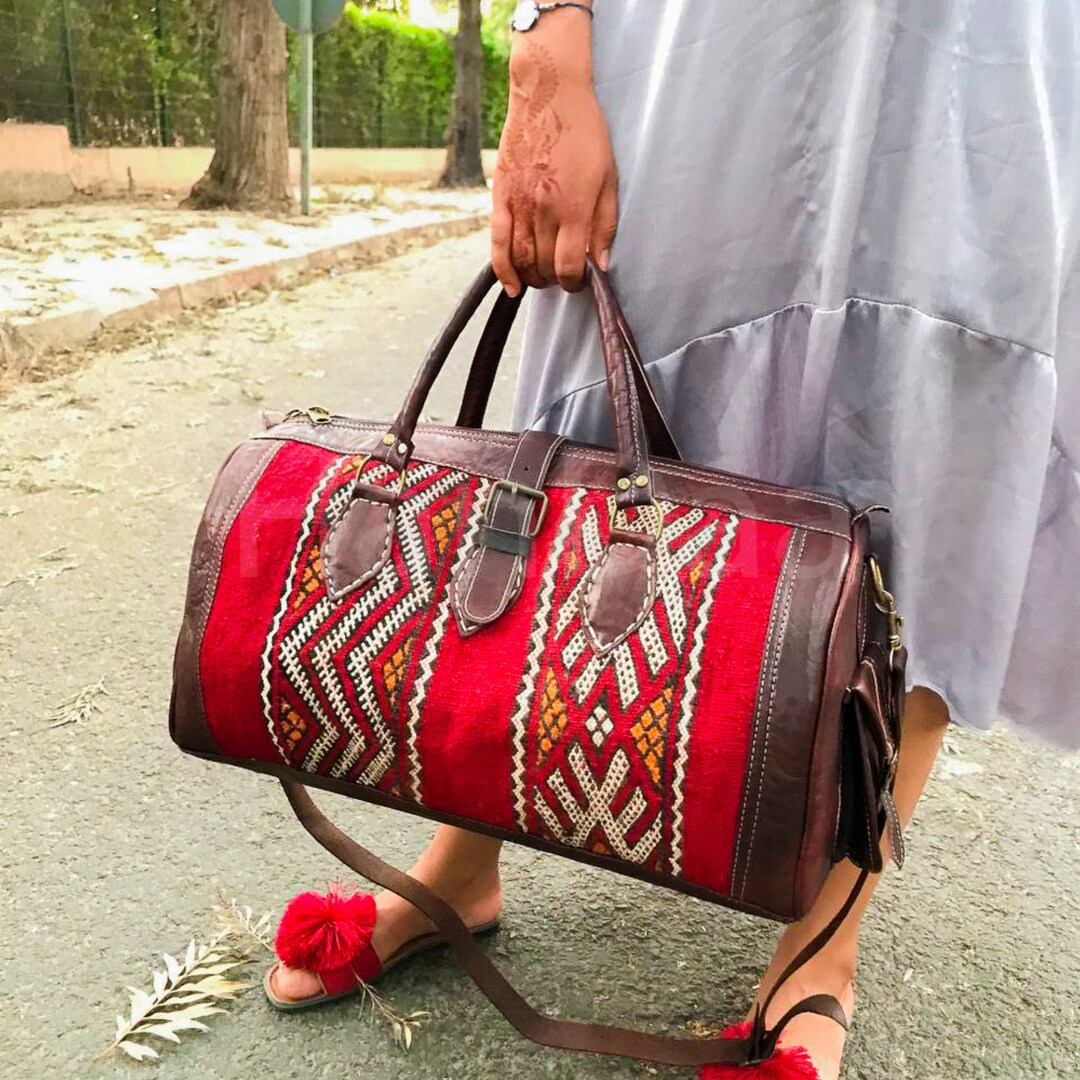 Carpet Leather Weekend Duffel Bag for Women & Men, Kilim Weekender Bag ...
