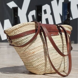 Handmade Large Straw French Baskets With Leather Straps, Straw Basket ...