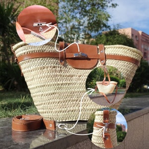 Handmade Large Straw French Baskets With Leather Straps, Straw Basket ...