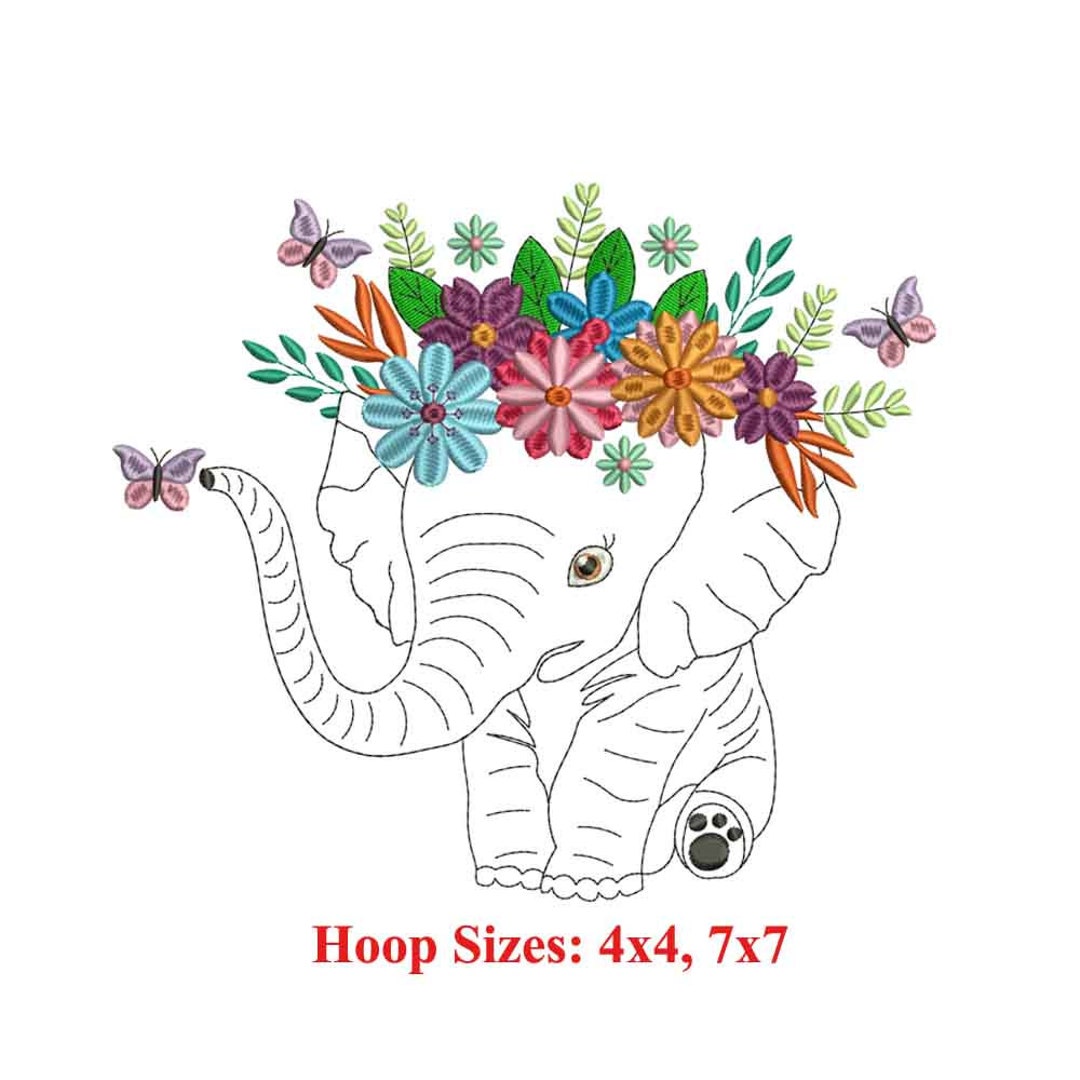 Elephant Floral Machine Embroidery Design | Elephant Wild Flowers ...