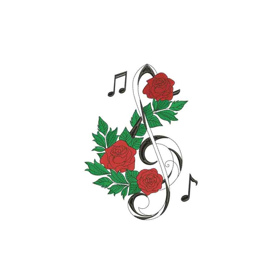 Music Floral Notes With Red Roses Machine Embroidery Design / Floral ...