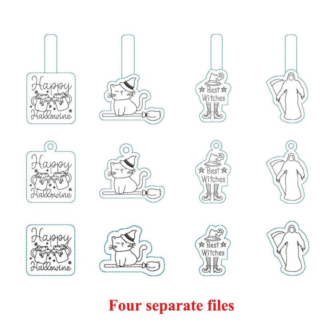 Halloween Embroidery Pattern | Witch Cat, Grim Reaper Key Fobs (digital ...