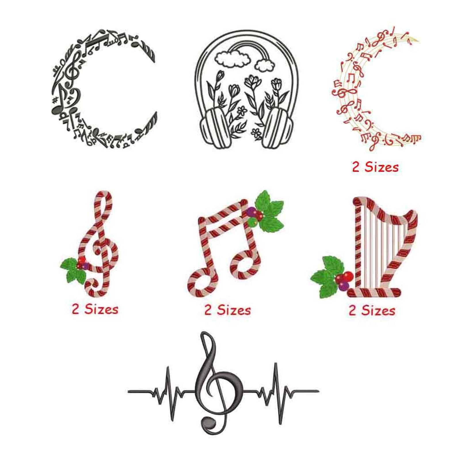 Music Embroidery Design Bundle: Harp, Notes, Headset (digital File) - Etsy