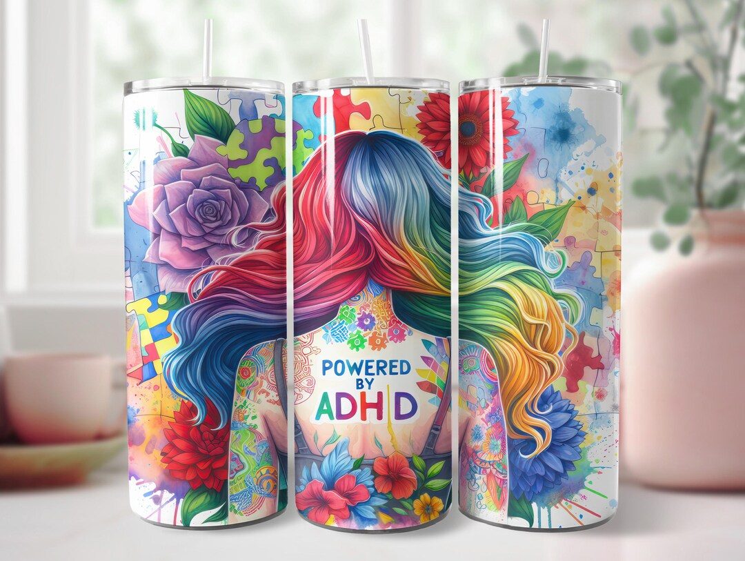 Powered by ADHD Awareness 20oz Skinny Tumbler Wrap Design ...