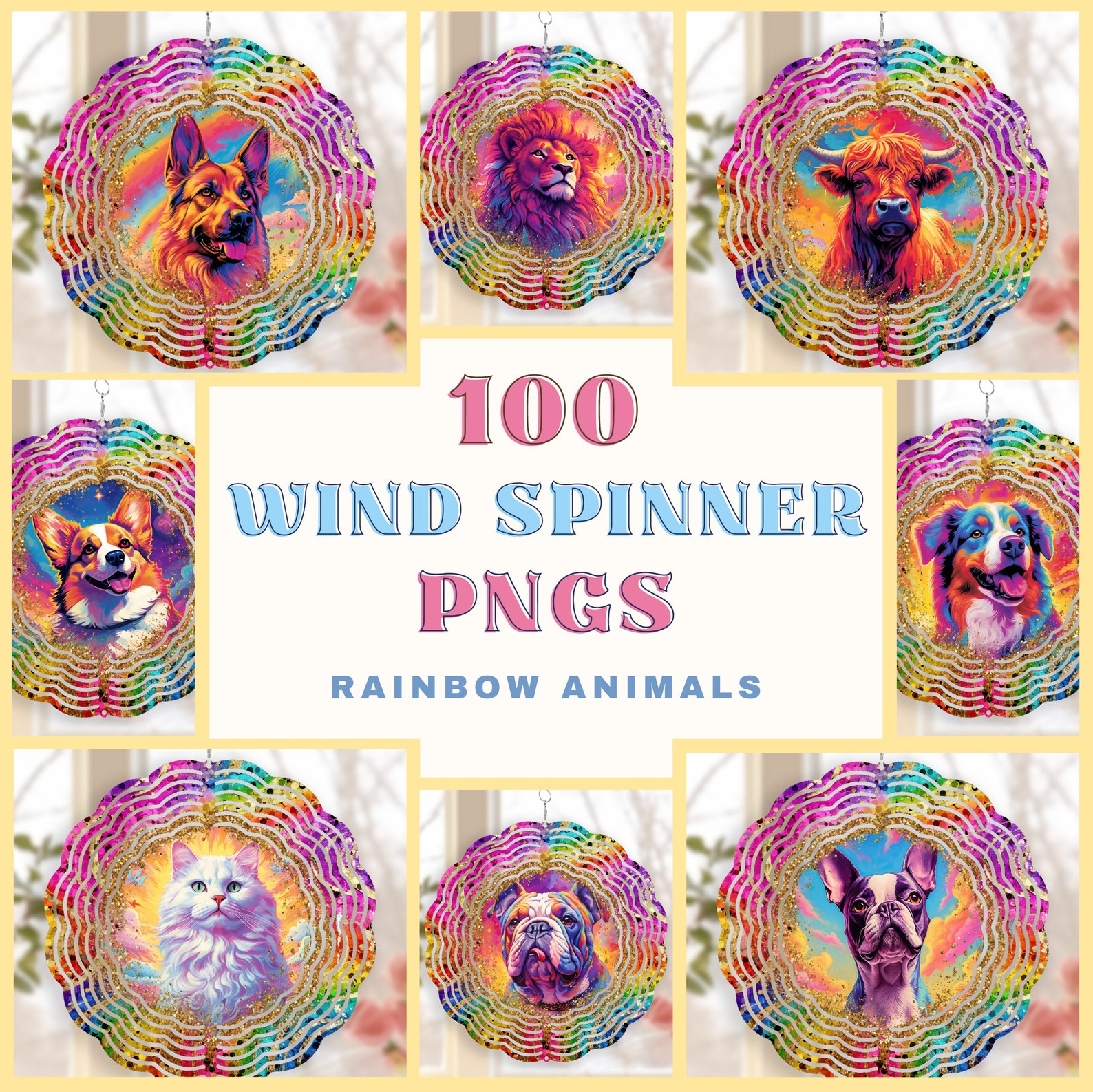100 Rainbow Animal Wind Spinner PNG Bundle Sublimation Design Template ...