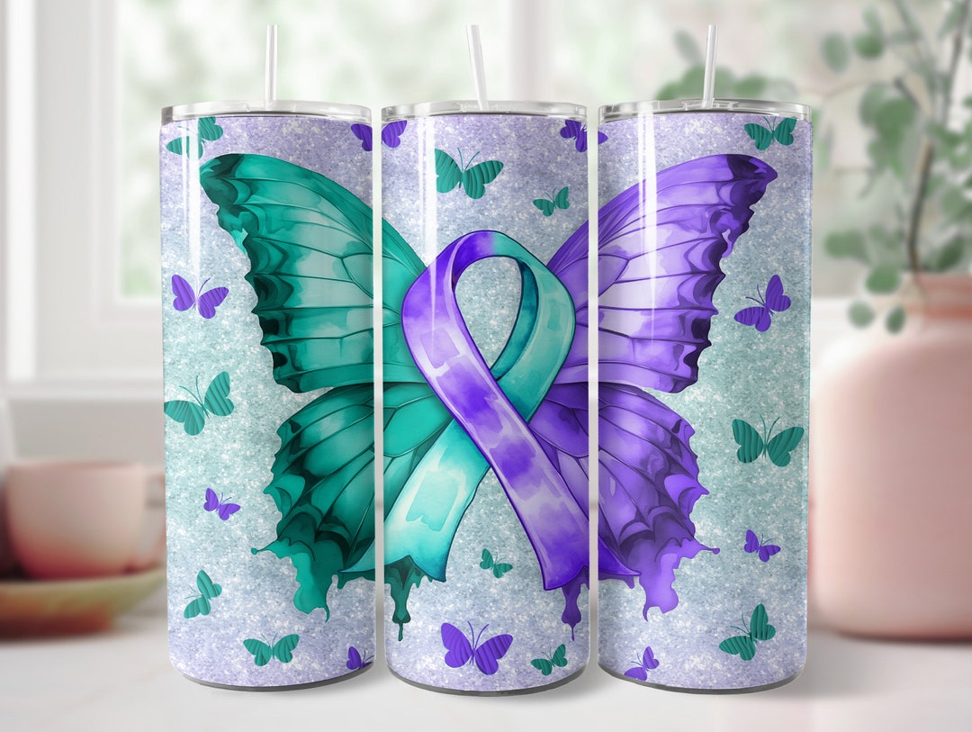 Teal and Purple Ribbon Awareness Butterfly 20oz Skinny Tumbler ...