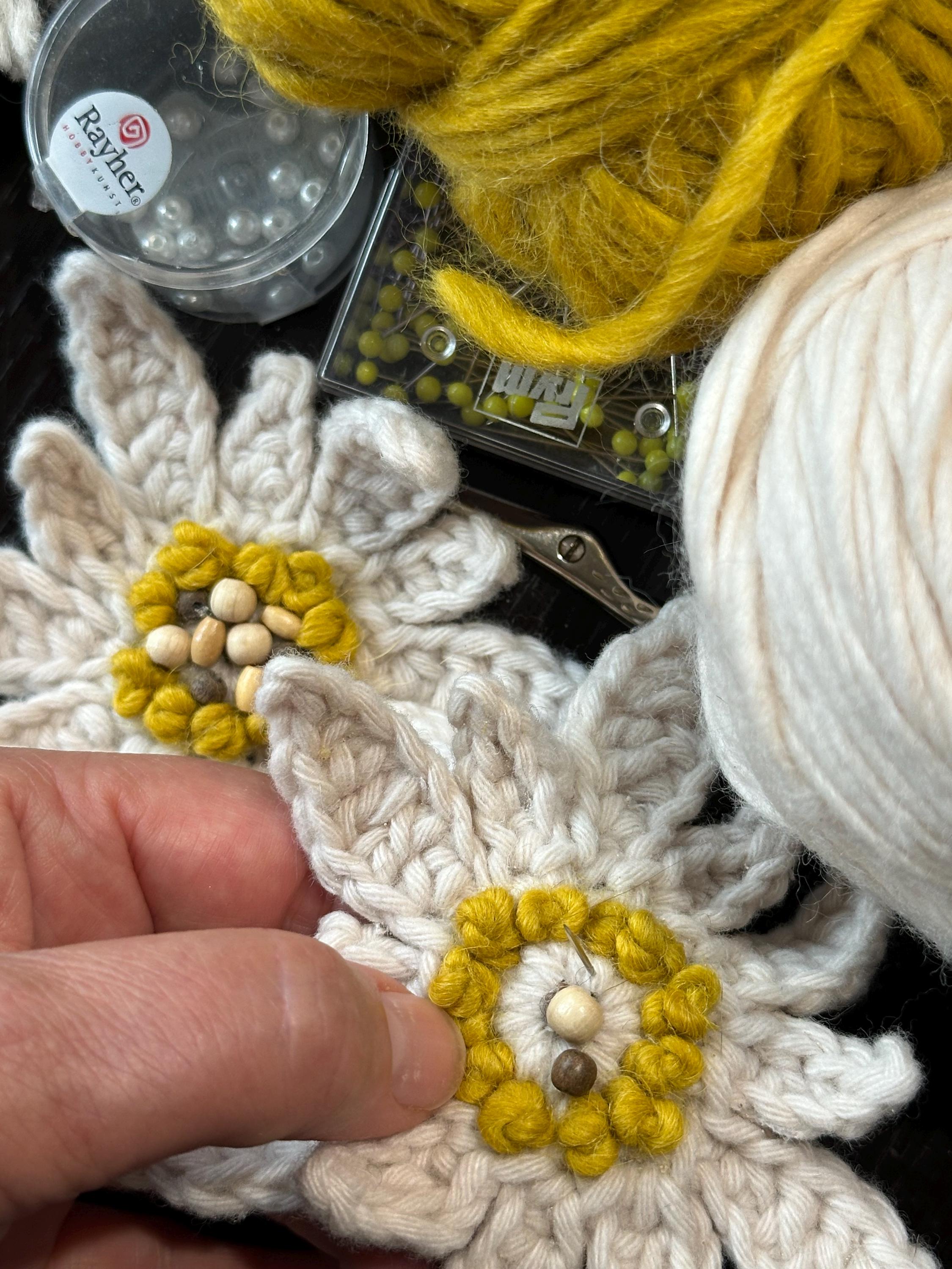 Crochet Edelweiss Applique: Merino Wool Flower Patch With Wooden Beads ...