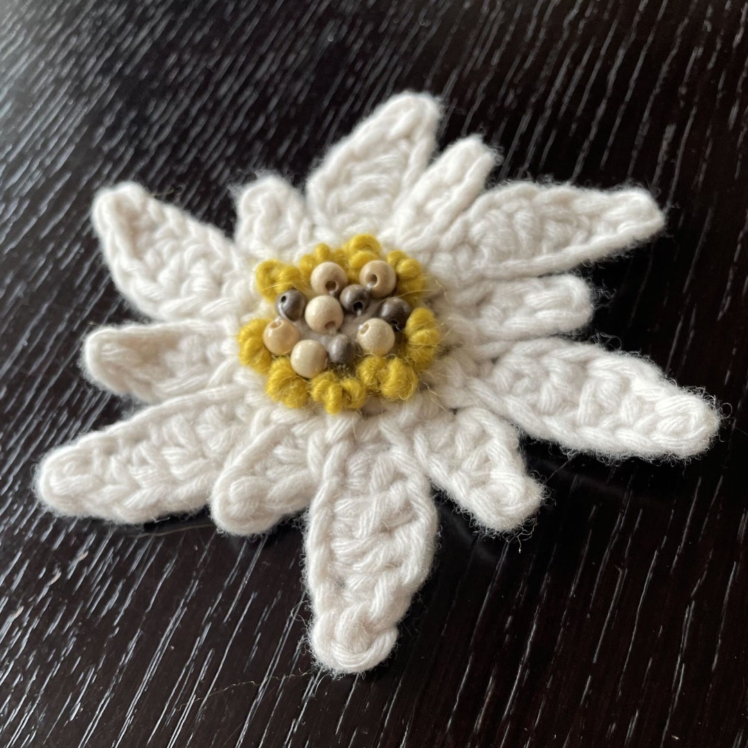 Crochet Edelweiss Applique: Merino Wool Flower Patch With Wooden Beads ...