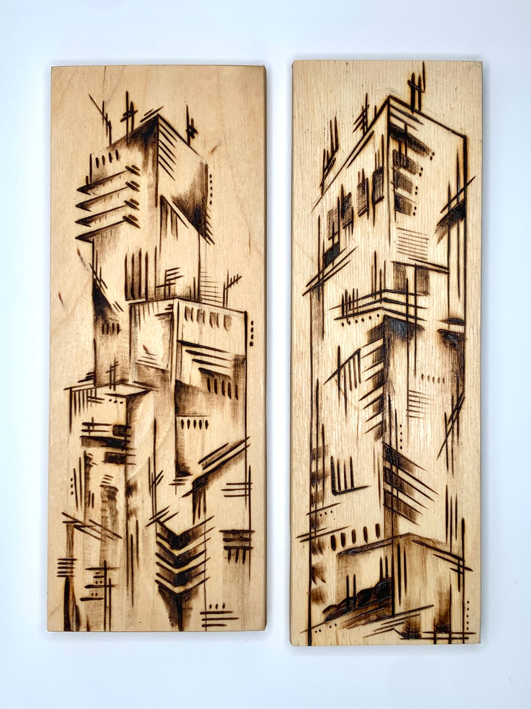 Burned Wood Art Pyrography Skyscraper Design on Panel - Etsy