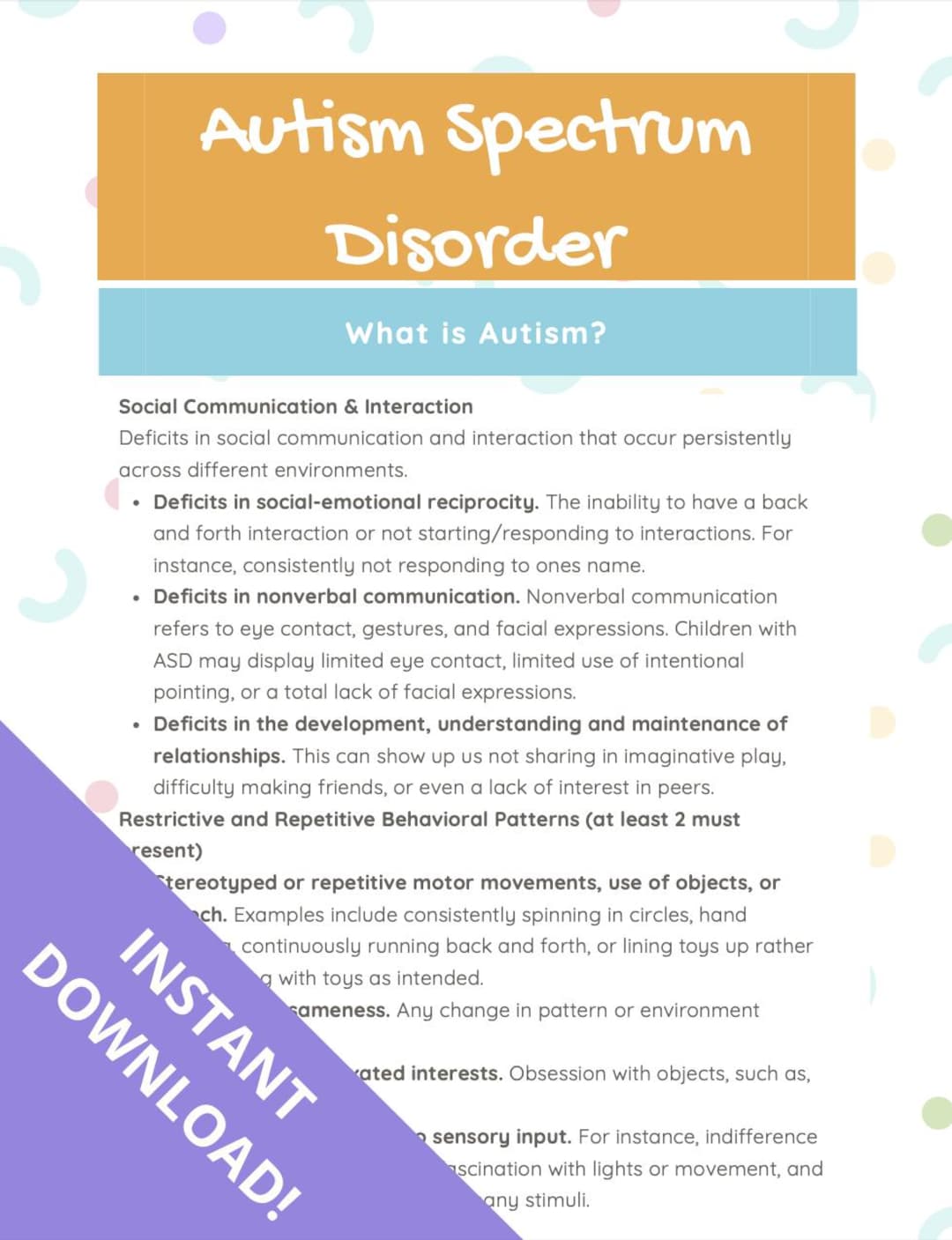 DSM Autism Spectrum Disorder Handout - Etsy