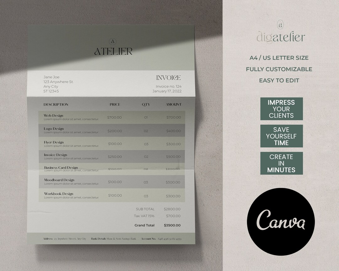 Plantilla editable de factura comercial elegante y sencilla en verde y ...