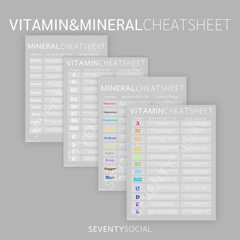 Vitamin & Mineral Cheat Sheet Nutrition Wellness Digital Guide Chart ...