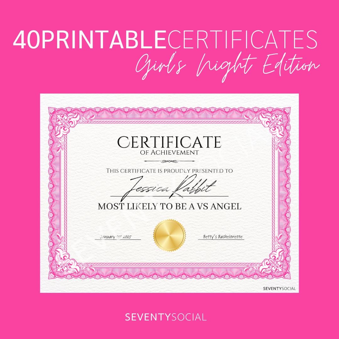 40 Certificates/awards/superlatives Girl’s Night Edition HOT PINK 8.5 X ...