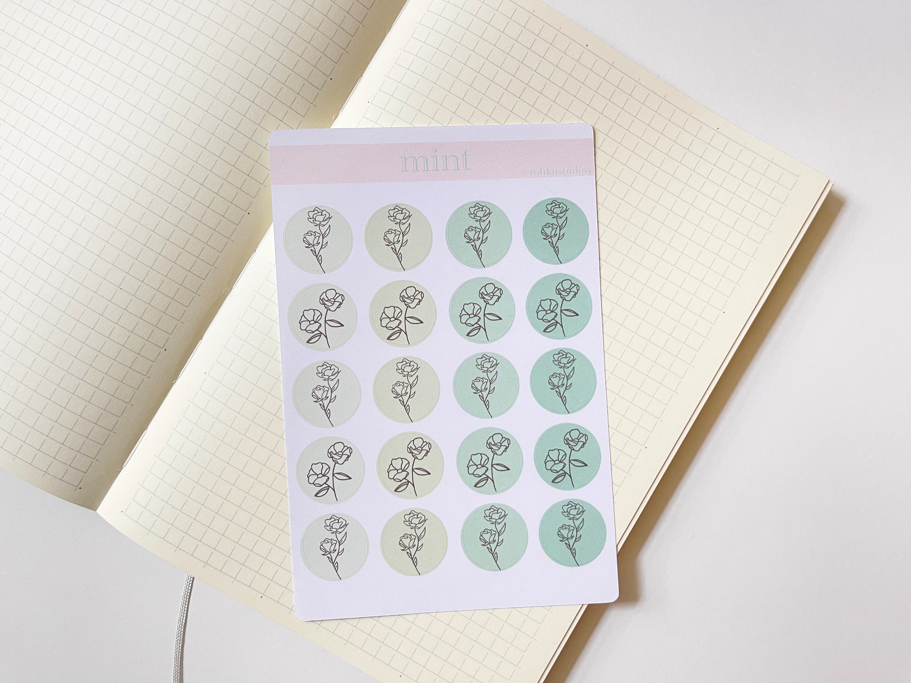 Aesthetic Bullet Journal Stickers, Flower Circle Sticker Sheet, Mint ...