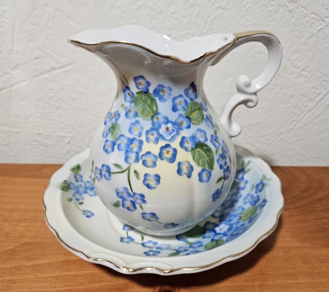 Vintage Lefton Pitcher and Basin Hand Painted Forget Me Not Floral ...