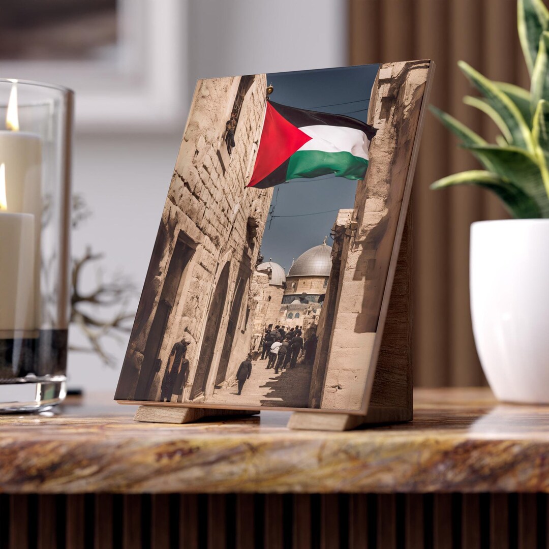 Palestinian Flag With Masjid Al Aqsa Portrait Ceramic Tile, Islamic ...