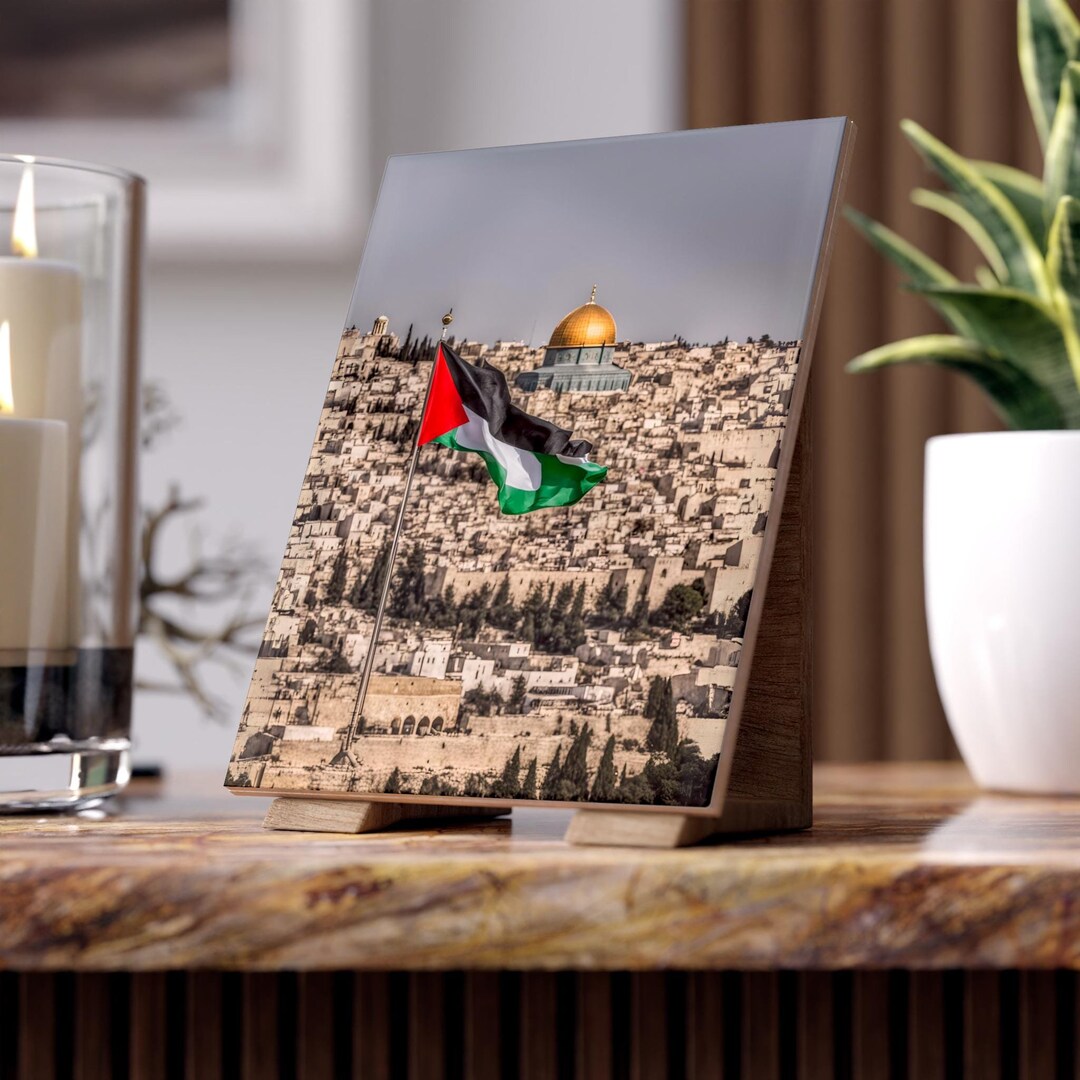 Palestinian Flag With Masjid Al Aqsa Portrait Ceramic Tile, Islamic ...