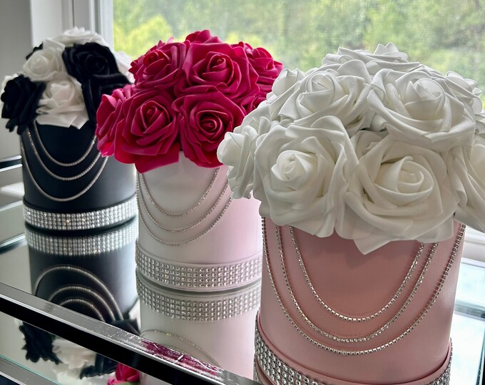Round Flower Box, Rose Box, Luxury Home Decor, Glam Decor, Rhinestones ...