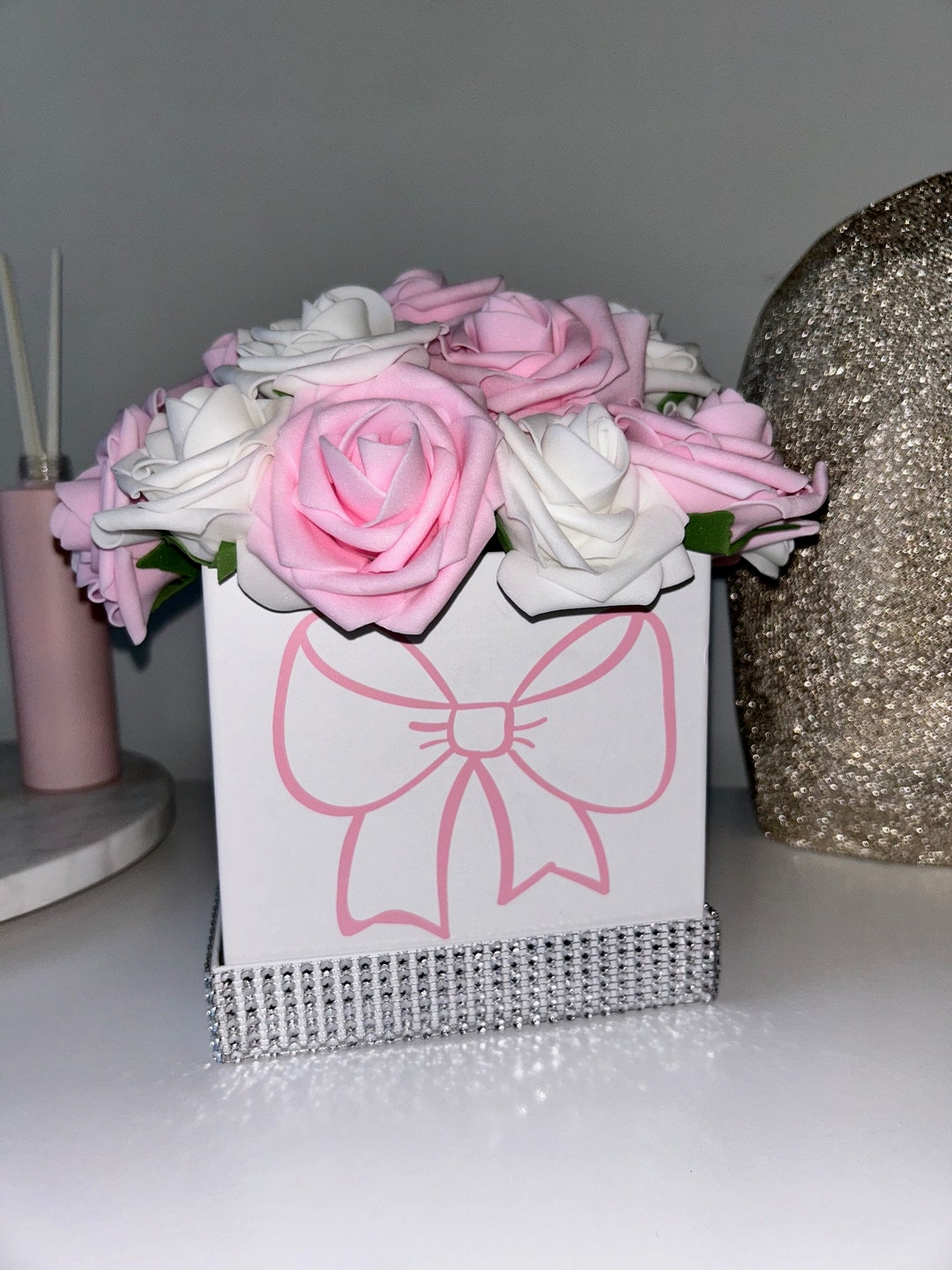 Coquette Rose Flower Box: Pink Bow & Rhinestone Ribbon Decor - Etsy