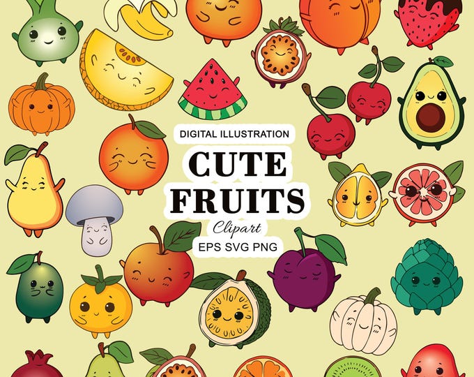 Kawaii Fruits Clipart, Kawaii Fruit Clip Art, Cute Fruits Clipart ...