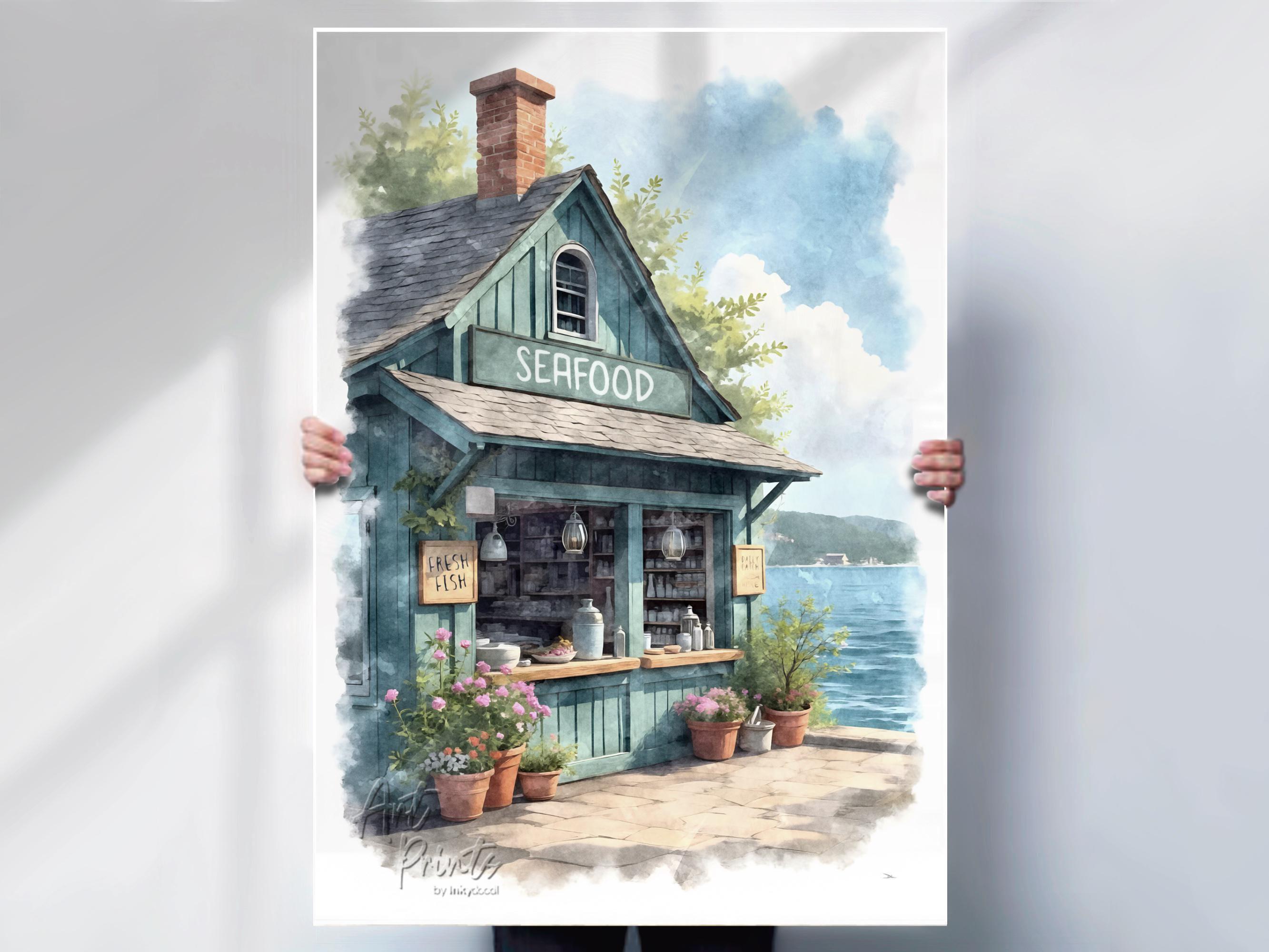 Coastal Seafood Shack Watercolour Art Print: Seaside Wall Decor - Etsy