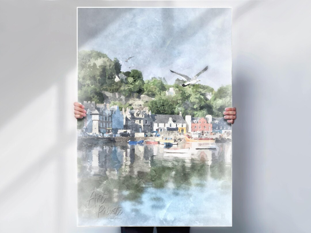 Isle of Mull Watercolour Print, Tobermory Harbour Art, Scottish Coastal ...