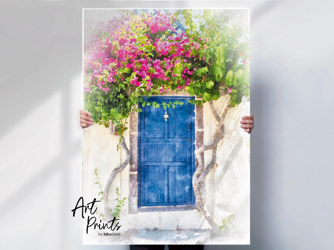 Greek Door Art Print | Mediterranean Watercolour Wall Art | Rustic Blue ...