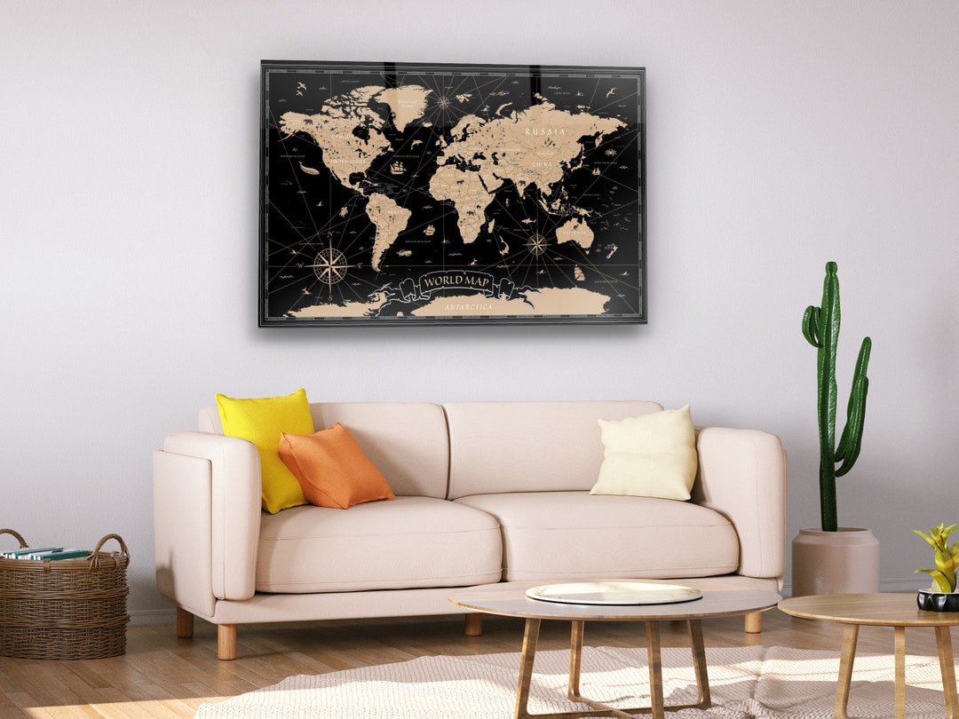 World Map, Map Glass Wall Art, Map Glass Decor, Vintage World Map ...